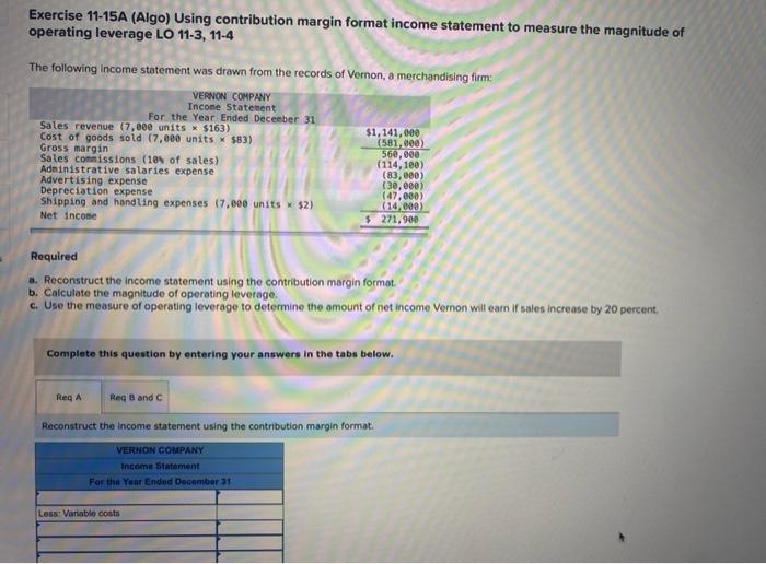 Solved Exercise 11-15A (Algo) Using contribution margin | Chegg.com