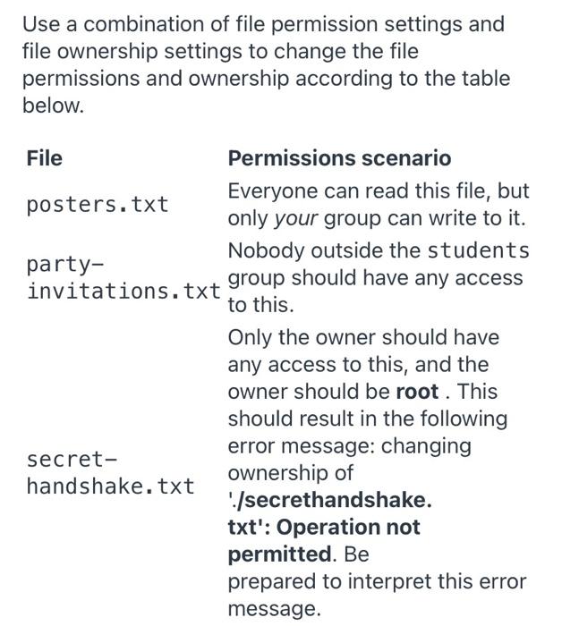 Solved Use a combination of file permission settings and | Chegg.com