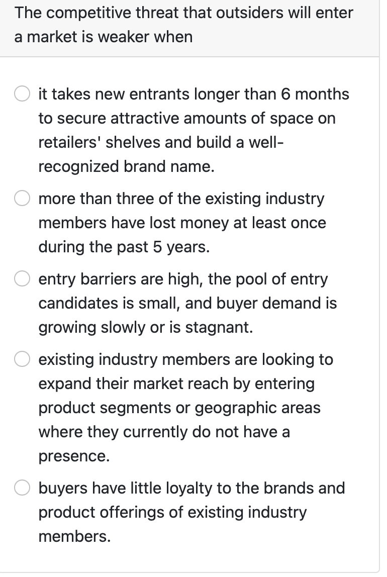 Solved The competitive threat that outsiders will enter a | Chegg.com