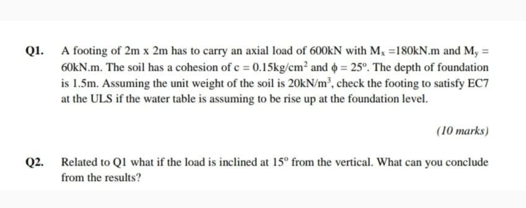 Solved Q1. ﻿A footing of 2m×2m ﻿has to carry an axial load | Chegg.com