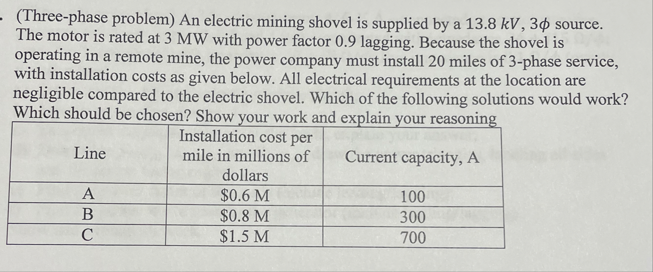 Solved (Three-phase problem) ﻿An electric mining shovel is | Chegg.com