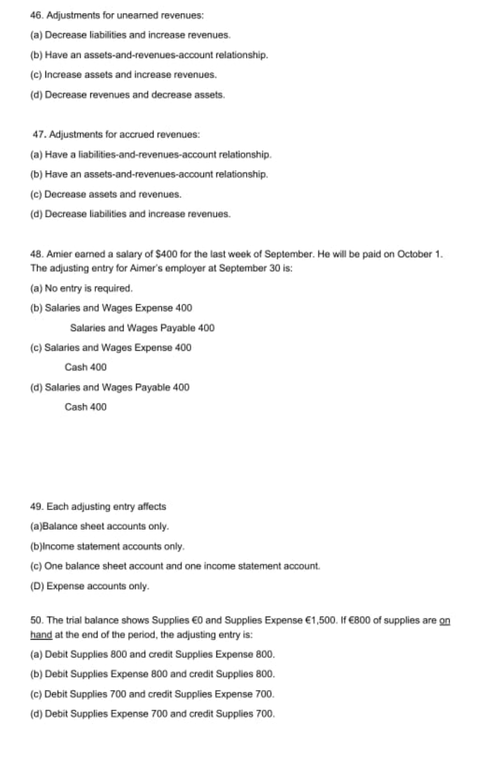 Solved 46. Adjustments for unearned revenues: (a) Decrease | Chegg.com