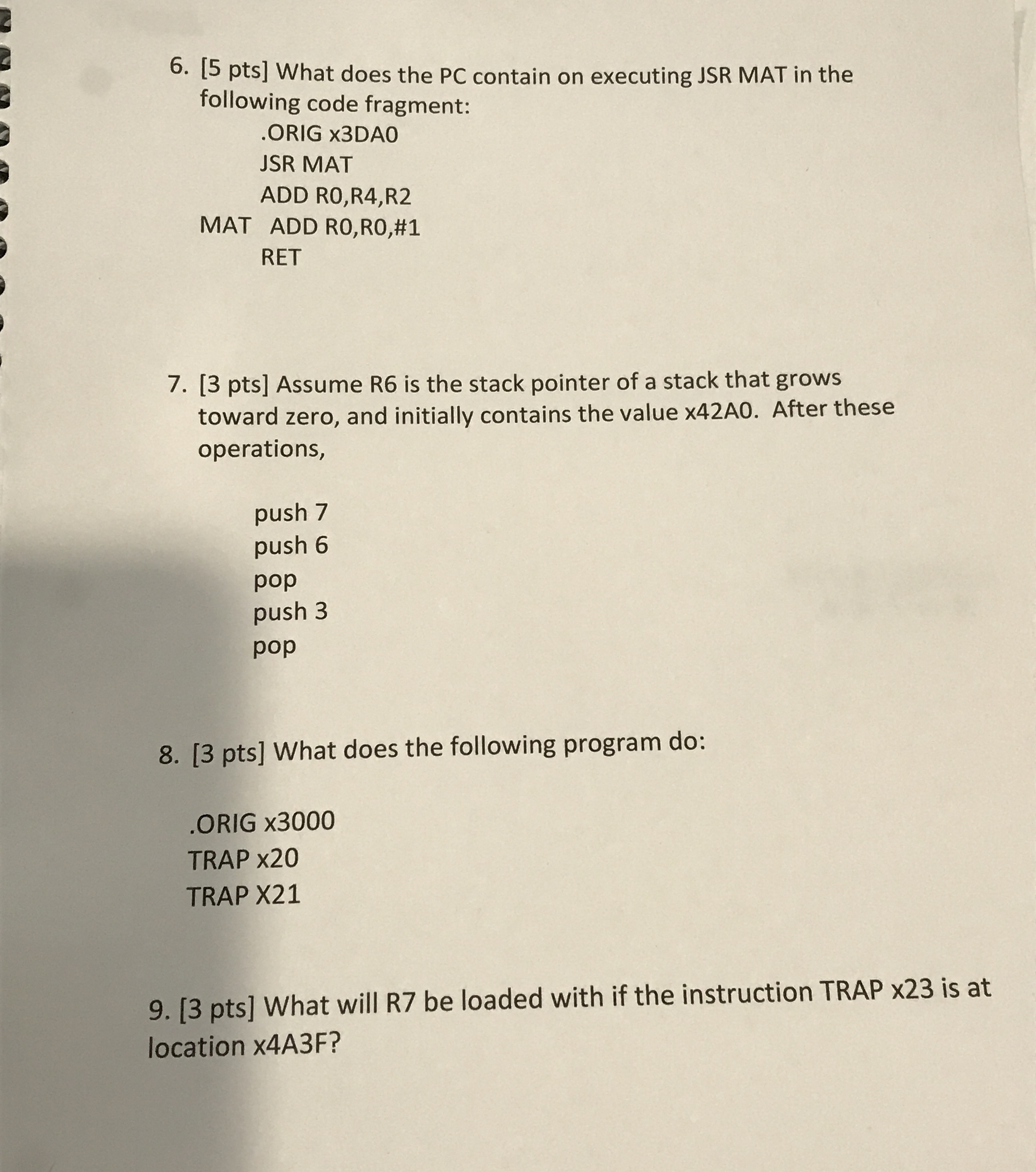 Solved [5 ﻿pts] ﻿What does the PC contain on executing JSR | Chegg.com