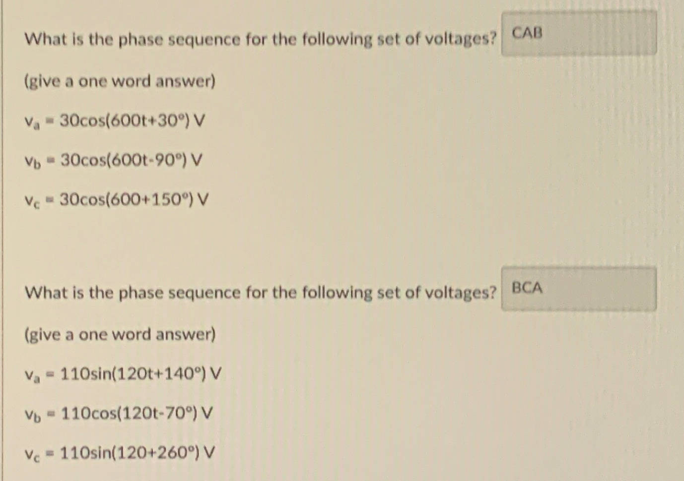 Solved What is the phase sequence for the following set of | Chegg.com