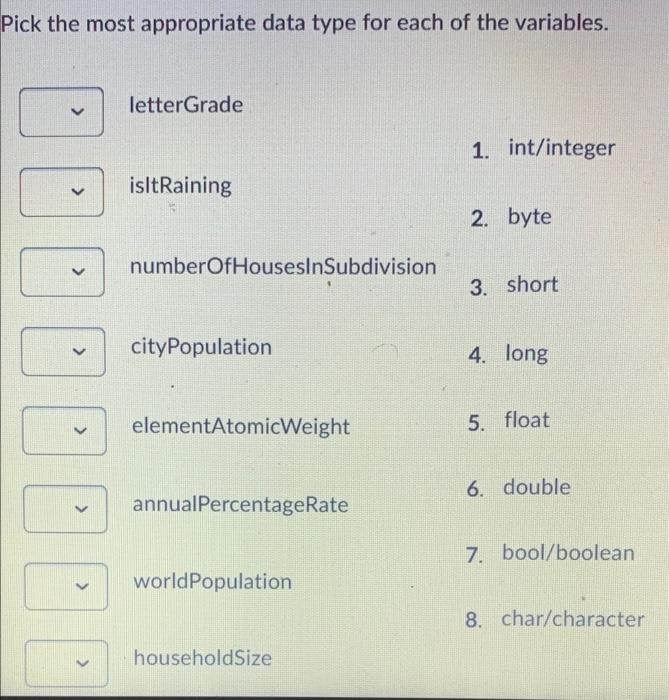 Solved Pick the most appropriate data type for each of the | Chegg.com