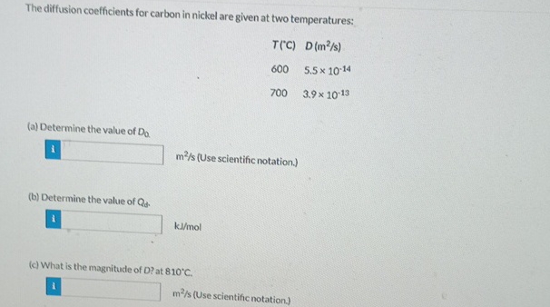 Solved The diffusion coefficients for carbon in nickel are | Chegg.com