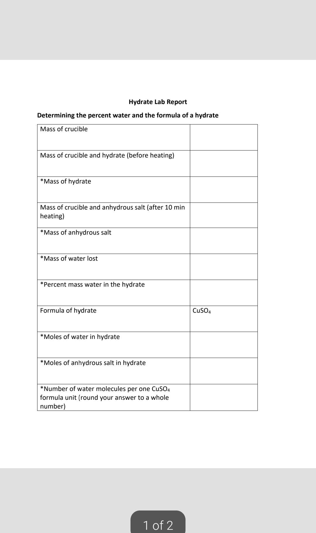Solved Hydrate Lab Report Determining the percent water and | Chegg.com