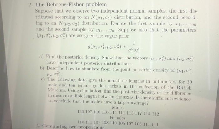 2. The Behrens-Fisher problem Suppose that we observe | Chegg.com