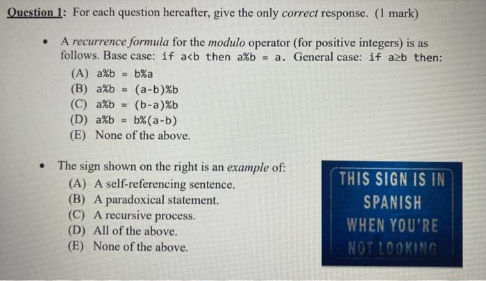 Solved - A recurrence formula for the modulo operator (for | Chegg.com