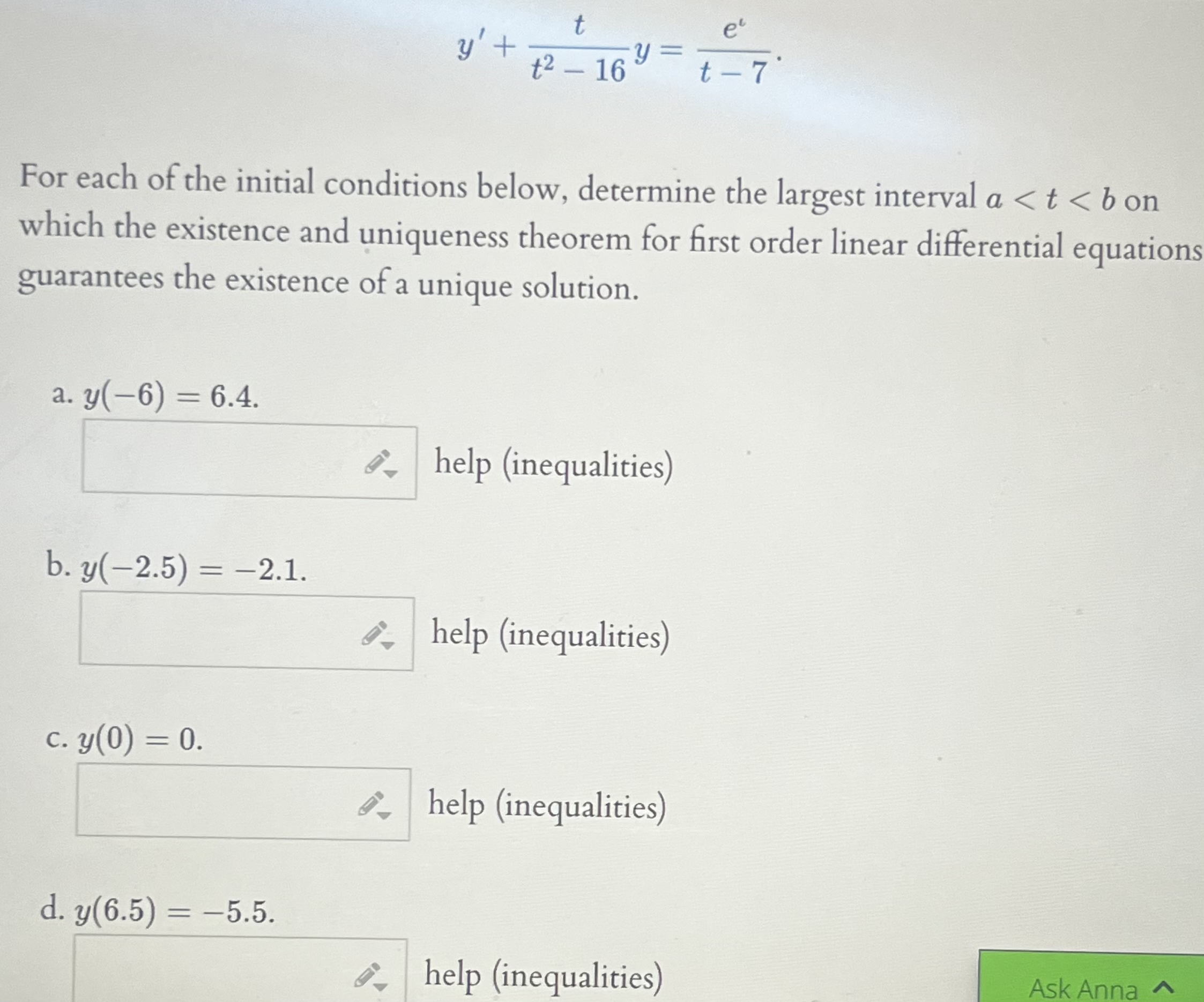 Solved y'+tt2-16y=ett-7For each of the initial conditions | Chegg.com