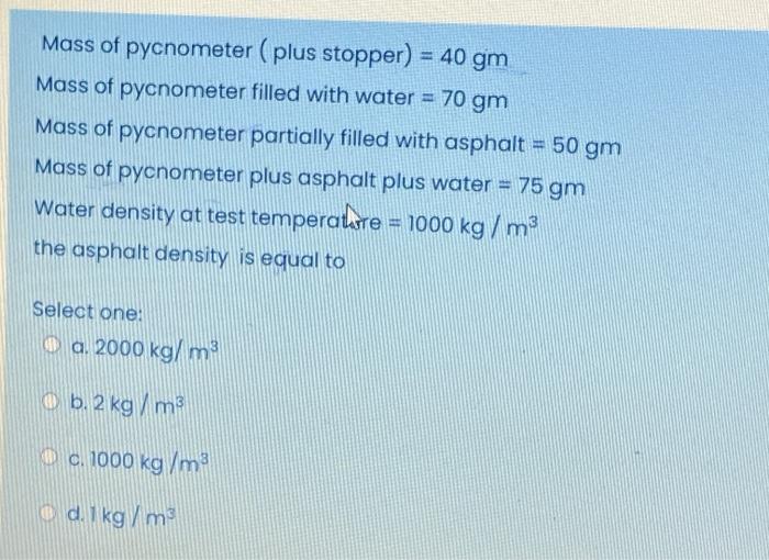 Solved Mass of pycnometer (plus stopper) = 40 gm Mass of | Chegg.com