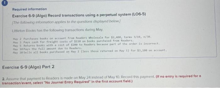 Solved Required information Exercise 6-9 (Algo) Record | Chegg.com