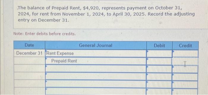 Solved The balance of Prepaid Rent, $4,920, represents | Chegg.com