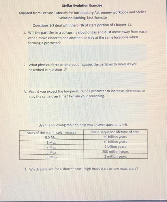 Solved Stellar Evolution Exercise Adapted from Lecture | Chegg.com