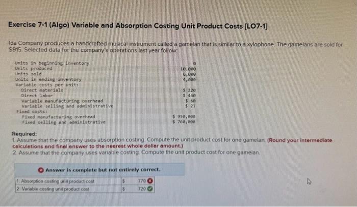 Solved Exercise 7-1 (Algo) Variable and Absorption Costing | Chegg.com