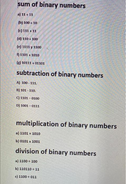 Solved sum of binary numbers a) 11 +11 (b) 100+ 10 (c) 111 | Chegg.com