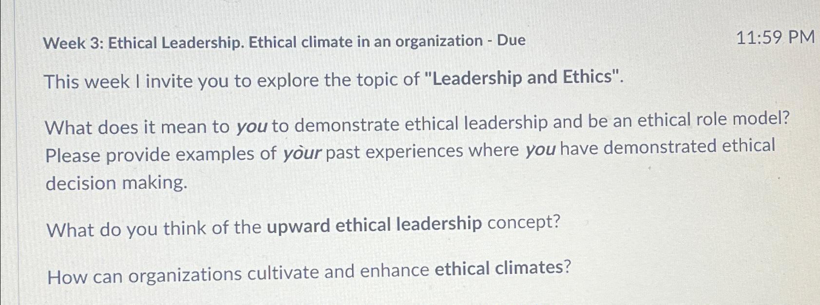 Solved Week 3: Ethical Leadership. Ethical climate in an | Chegg.com