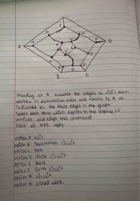 Solved Starting at A traverse the edges to visit each vertex | Chegg.com
