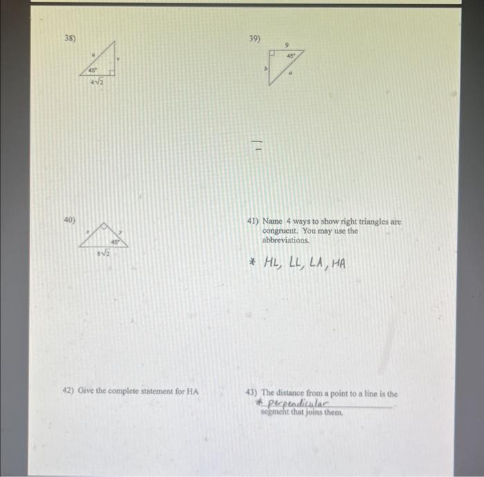 Solved 38) 39] = 40) 41) Name 4 ways to show right triangles | Chegg.com