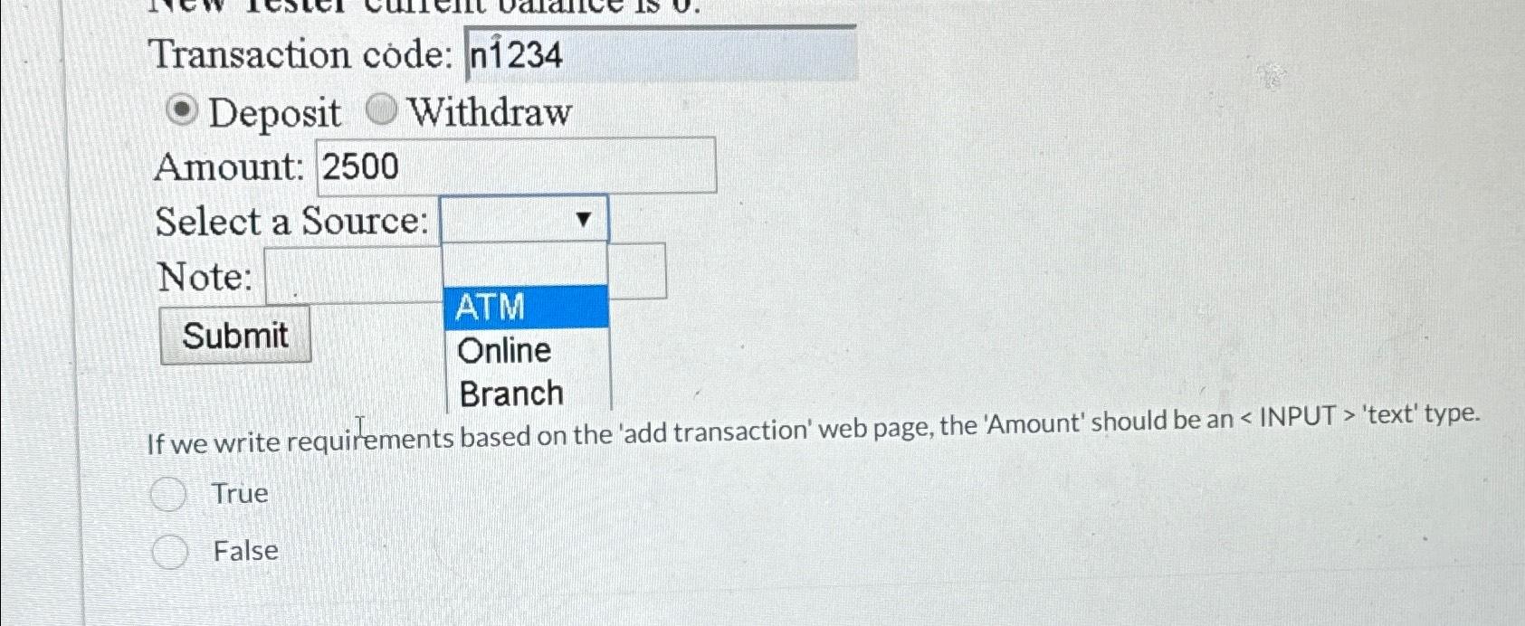 Solved Transaction code: n1234Deposit WithdrawAmount: | Chegg.com