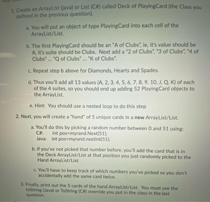 Solved 1. Create an ArrayList (java) or List (C#) called | Chegg.com