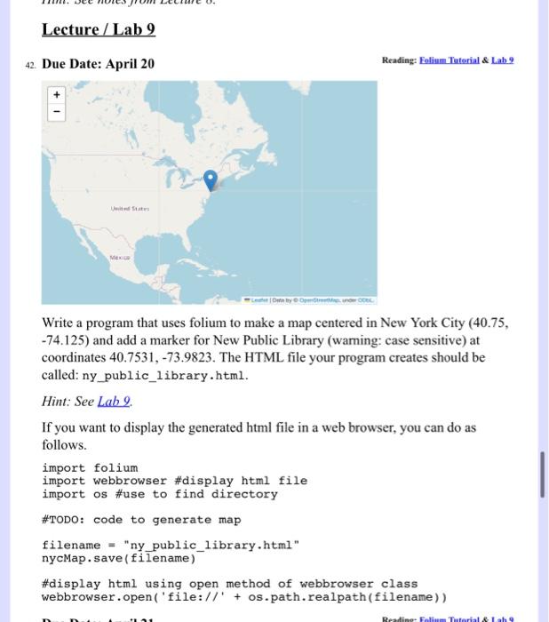 Solved Due Date: April 20 Reading: Folium Tutorial \& Lab 9 | Chegg.com