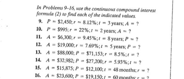 Solved In Problems 9-16, use the continuous compound | Chegg.com