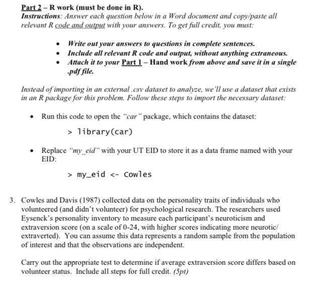 Solved Part 2-R work (must be done in R). Instructions: | Chegg.com
