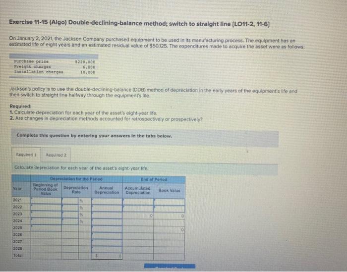 Solved Exercise 11-15 (Algo) Double-declining-balance | Chegg.com