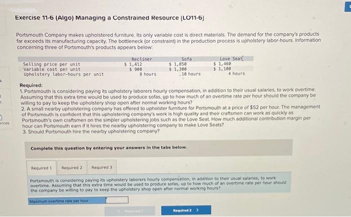 Solved Exercise 11-6 (Algo) Managing a Constrained Resource | Chegg.com