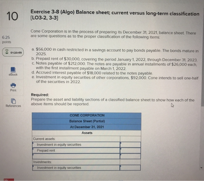 Solved 10 Exercise 3-8 (Algo) Balance sheet; current versus | Chegg.com