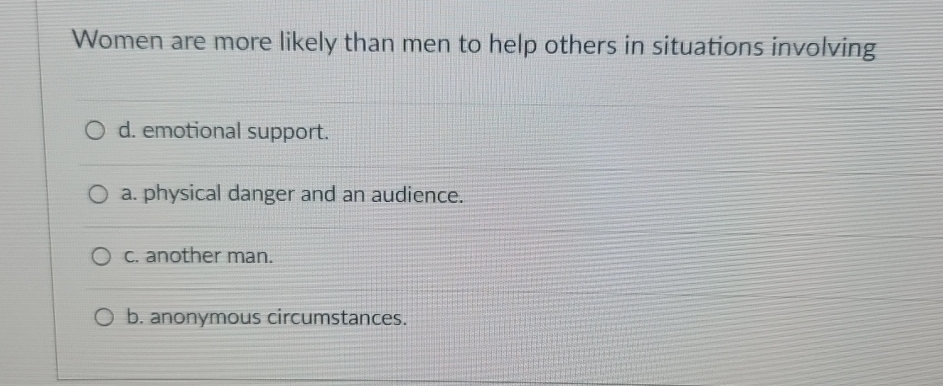 Solved Women are more likely than men to help others in | Chegg.com
