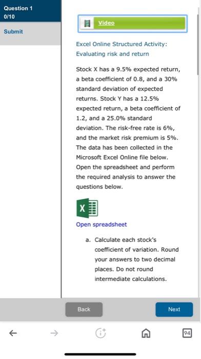 Solved Excel Online Structured Activity: Evaluating risk and | Chegg.com