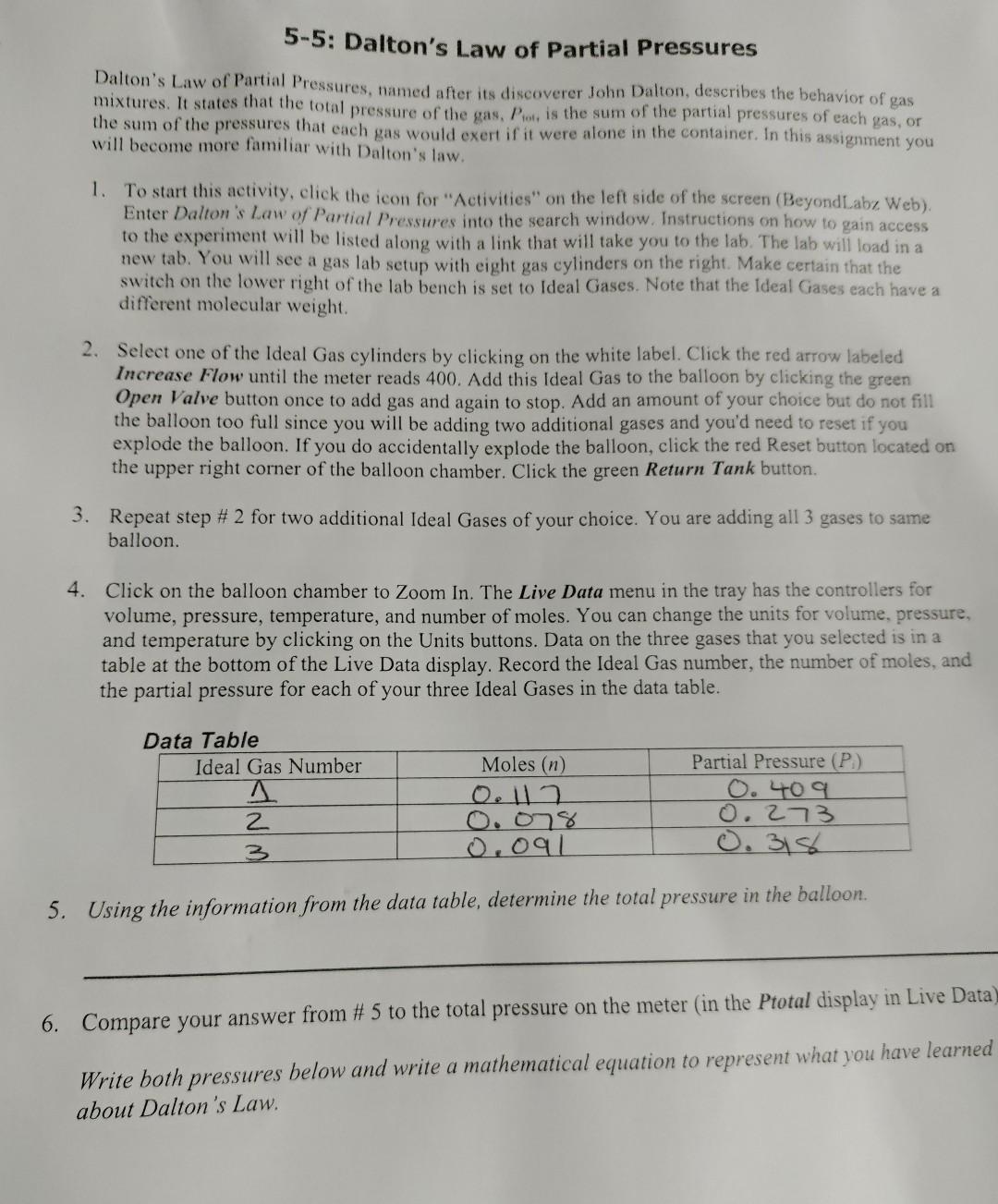Solved 5-5: Dalton's Law of Partial Pressures Dalton's Law | Chegg.com