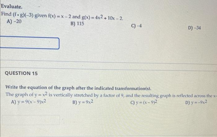 Solved Find (f⋅g)(−3) given f(x)=x−2 and g(x)=4x2+10x−2 A) | Chegg.com