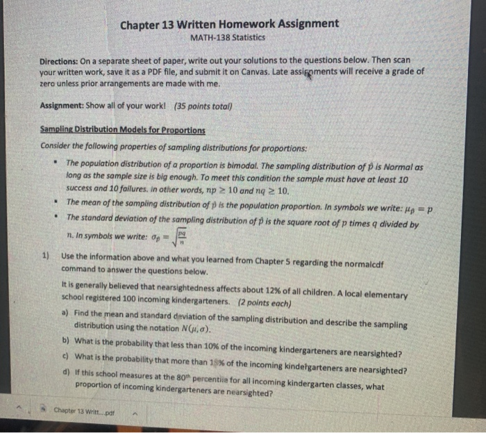 Solved Chapter 13 Written Homework Assignment Math 138 9110