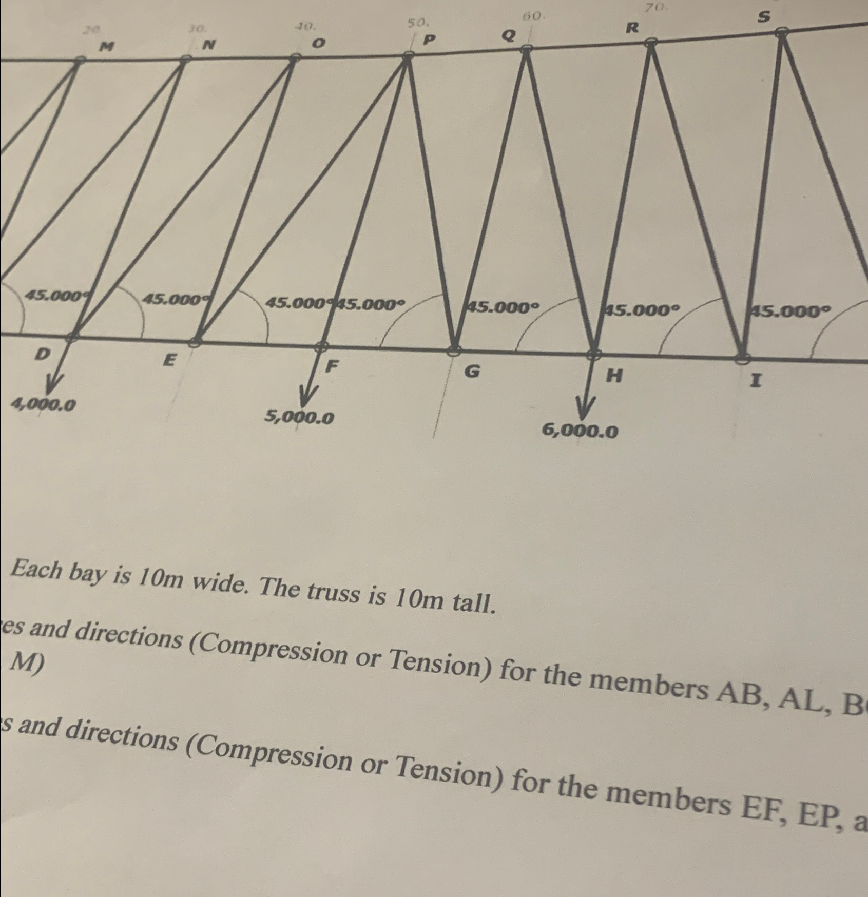Each bay is 10m ﻿wide. The truss is 10m ﻿tall.es and | Chegg.com