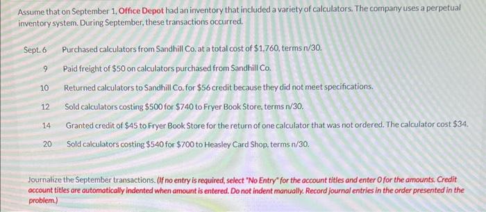 Solved Assume that on September 1, Office Depot had an | Chegg.com