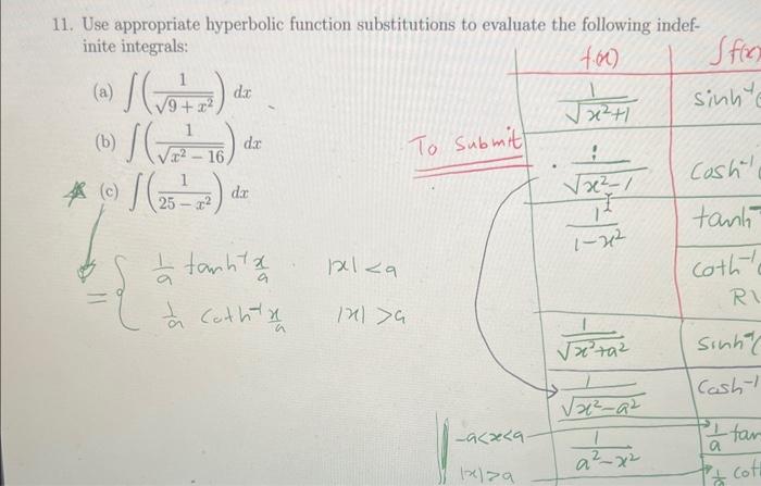 Solved 11. Use appropriate hyperbolic function substitutions | Chegg.com
