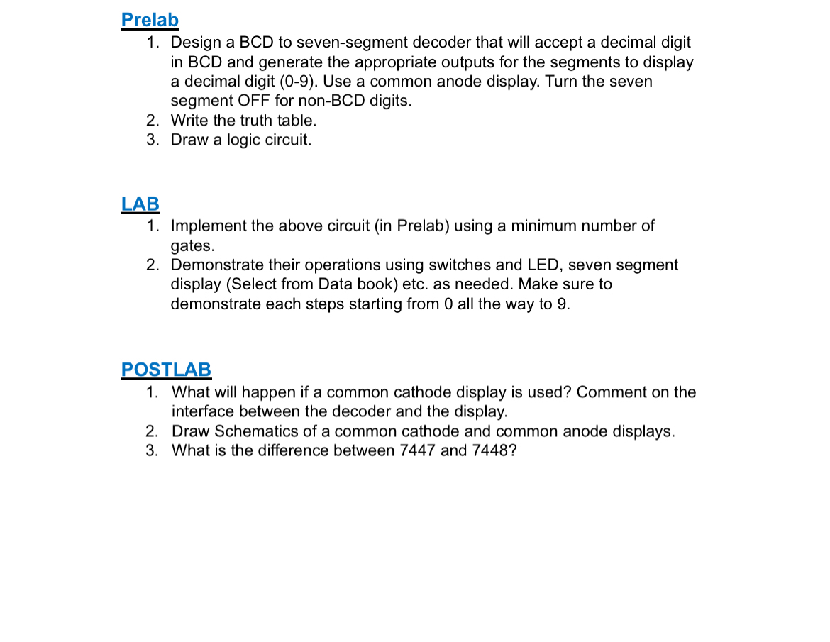 PrelabDesign a BCD to seven-segment decoder that will | Chegg.com
