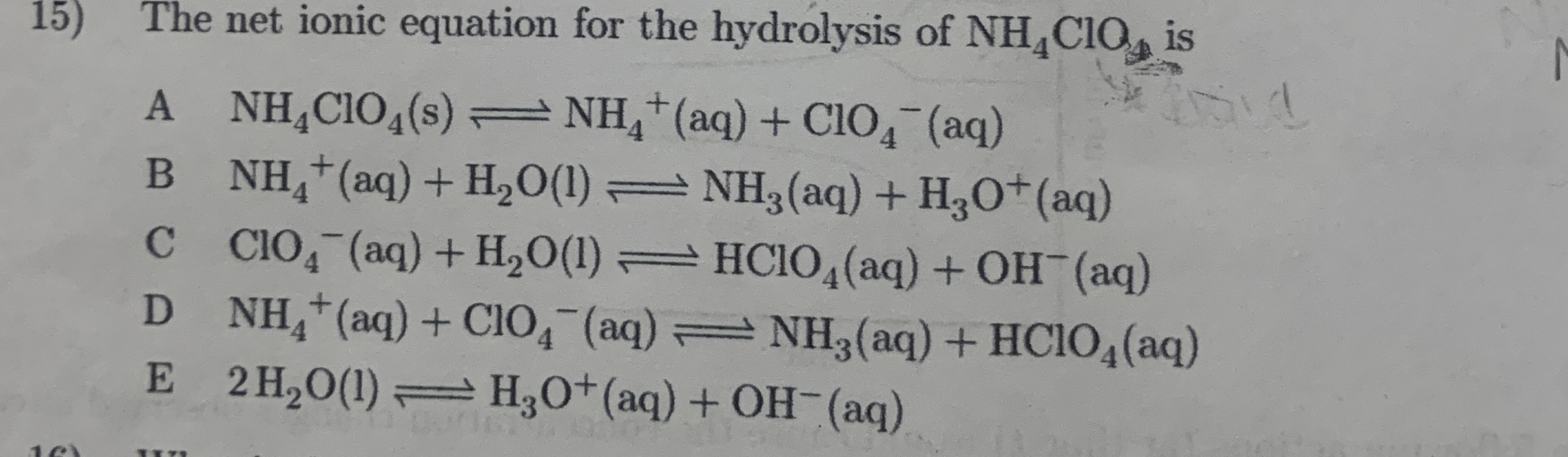 Solved The net ionic equation for the hydrolysis of NH4ClO4 | Chegg.com