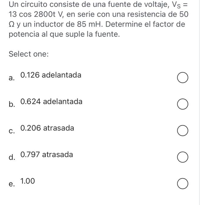 Solved Un circuito consiste de una fuente de voltaje, VS= | Chegg.com