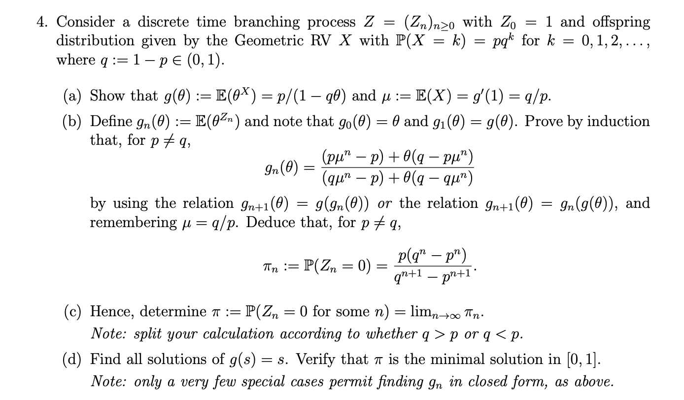 Consider a discrete time branching process Z=(Zn)n≥0 | Chegg.com