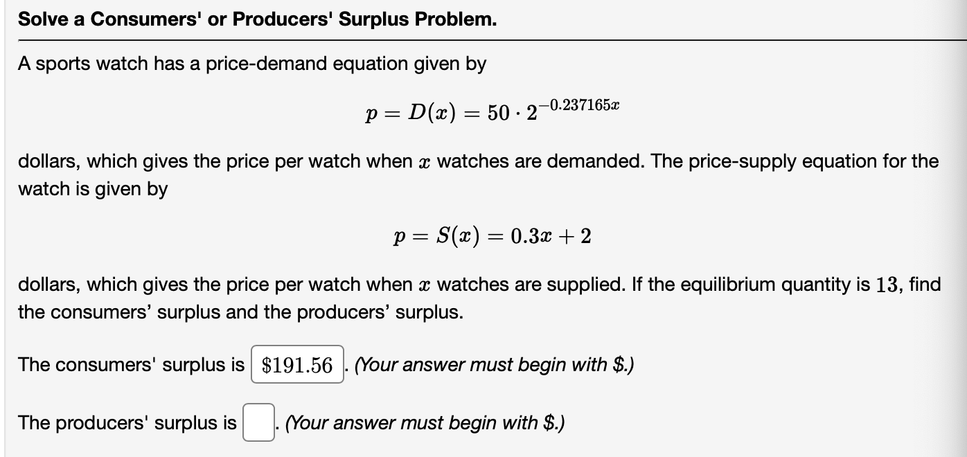 Solved Solve a Consumers' or Producers' Surplus Problem.A | Chegg.com