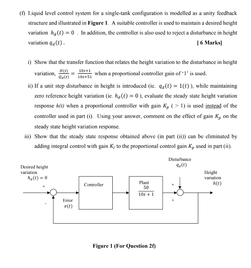 Solved (f) ﻿Liquid level control system for a single-tank | Chegg.com