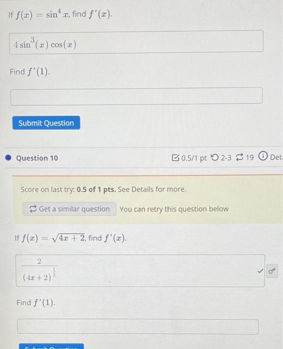 Solved If f(x)=sin4x, find f′(x) Find f′(1). Question 10 | Chegg.com