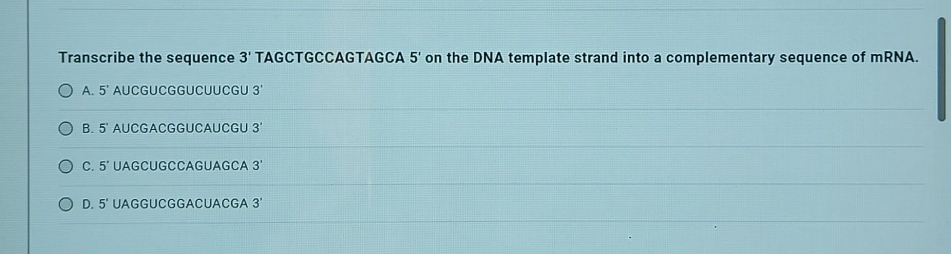 Solved Transcribe the sequence 3′ TAGCTGCCAGTAGCA 5 ' on the | Chegg.com