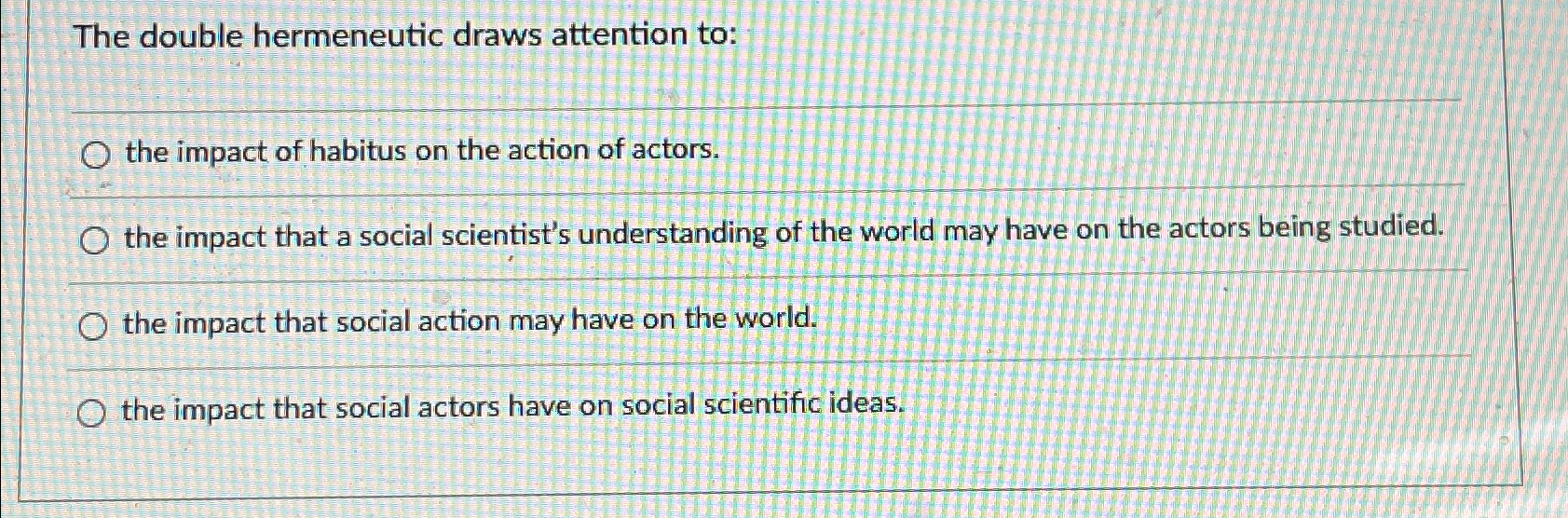 Solved The double hermeneutic draws attention to:the impact | Chegg.com