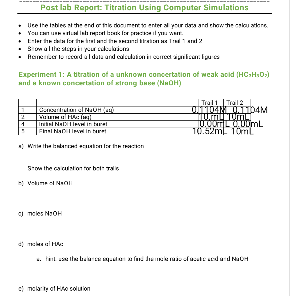 Solved Post lab Report: Titration Using Computer Simulations | Chegg.com