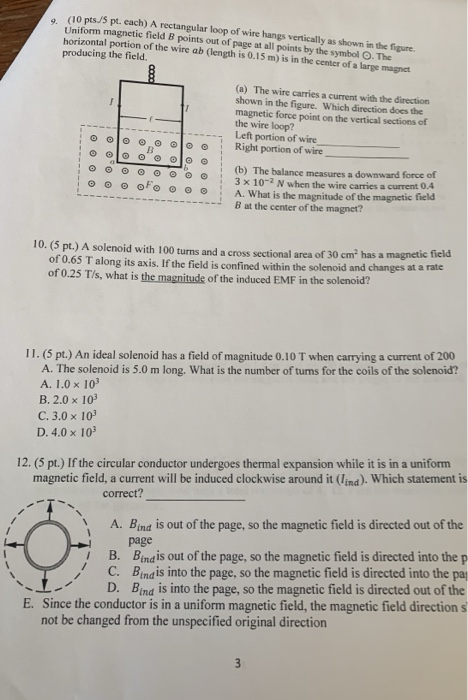 Solved (10 pts./5 pt. cach) A rectangular loop of wire hangs | Chegg.com